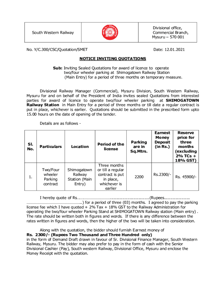 Fillable Online SMET PARKING QUOTATION FORM Fax Email Print - pdfFiller