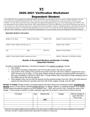 Fillable Online 20202021 Verification WorksheetDependent Student (V1) Fax Email Print - pdfFiller