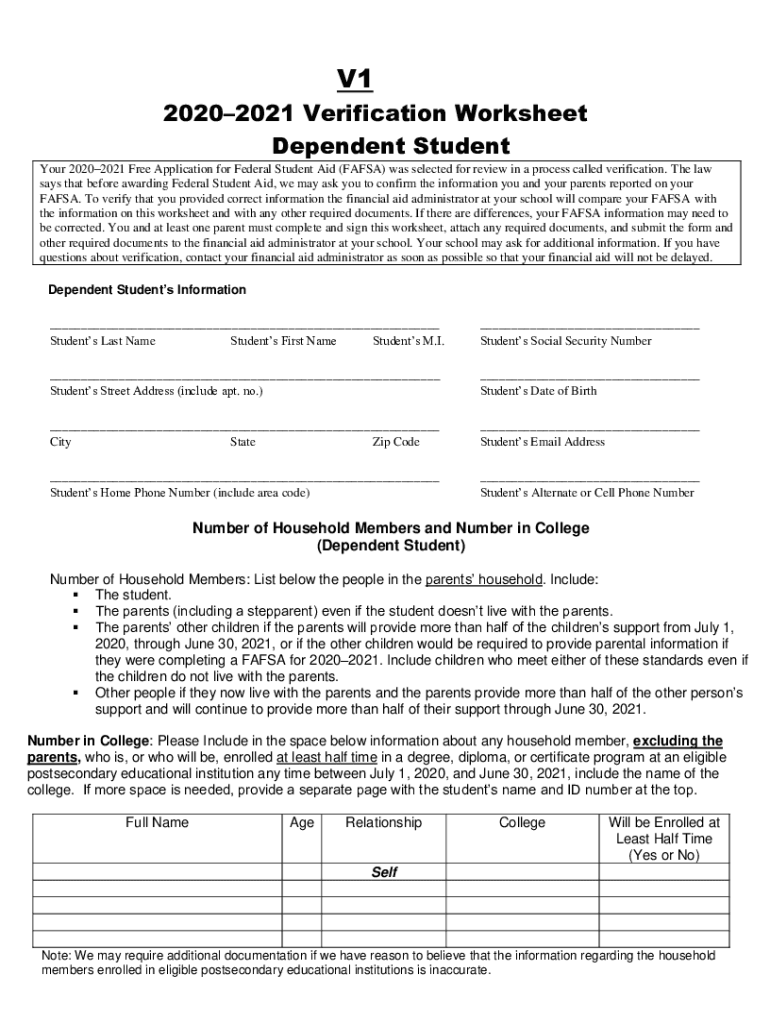 Fillable Online 20202021 Verification WorksheetDependent Student (V1) Fax Email Print - pdfFiller