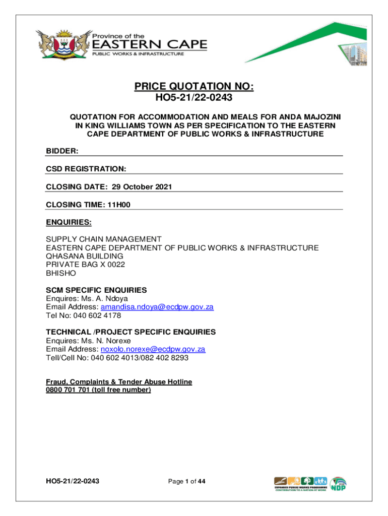 Fillable Online Quotation for Accommodation and Meals for Internal ...