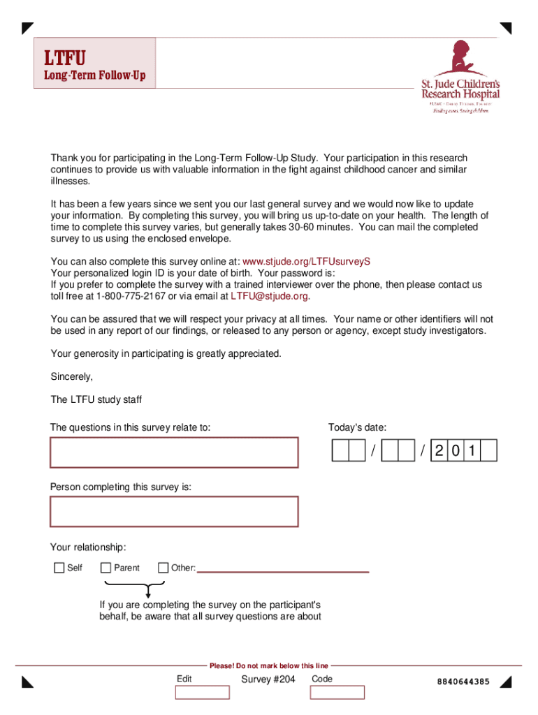 Fillable Online The Long-Term Follow-Up Study (LTFU)St. Jude Research ...