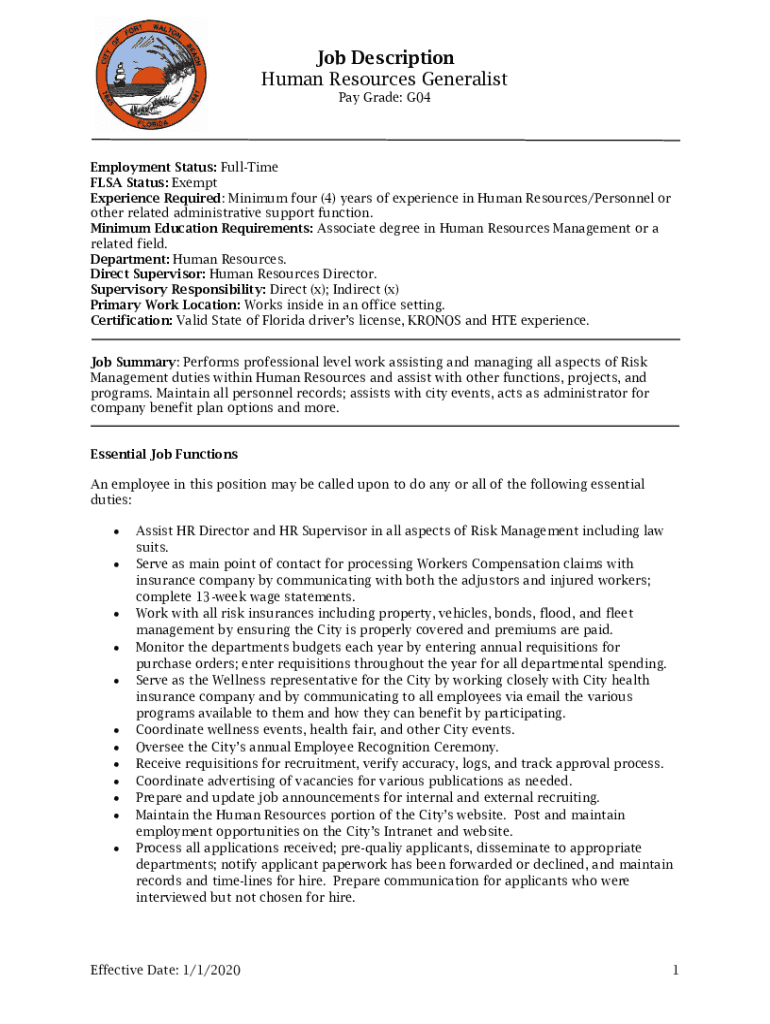 Fillable Online JOB DESCRIPTION Title Human Resources Manager FLSA ...
