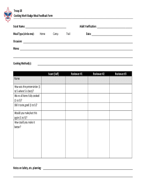 Fillable Online Troop 28 Cooking Merit Badge Meal Feedback Form Scout ...