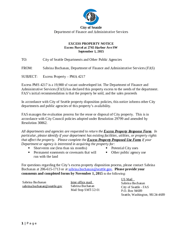 excess property proposed use Doc Template | pdfFiller