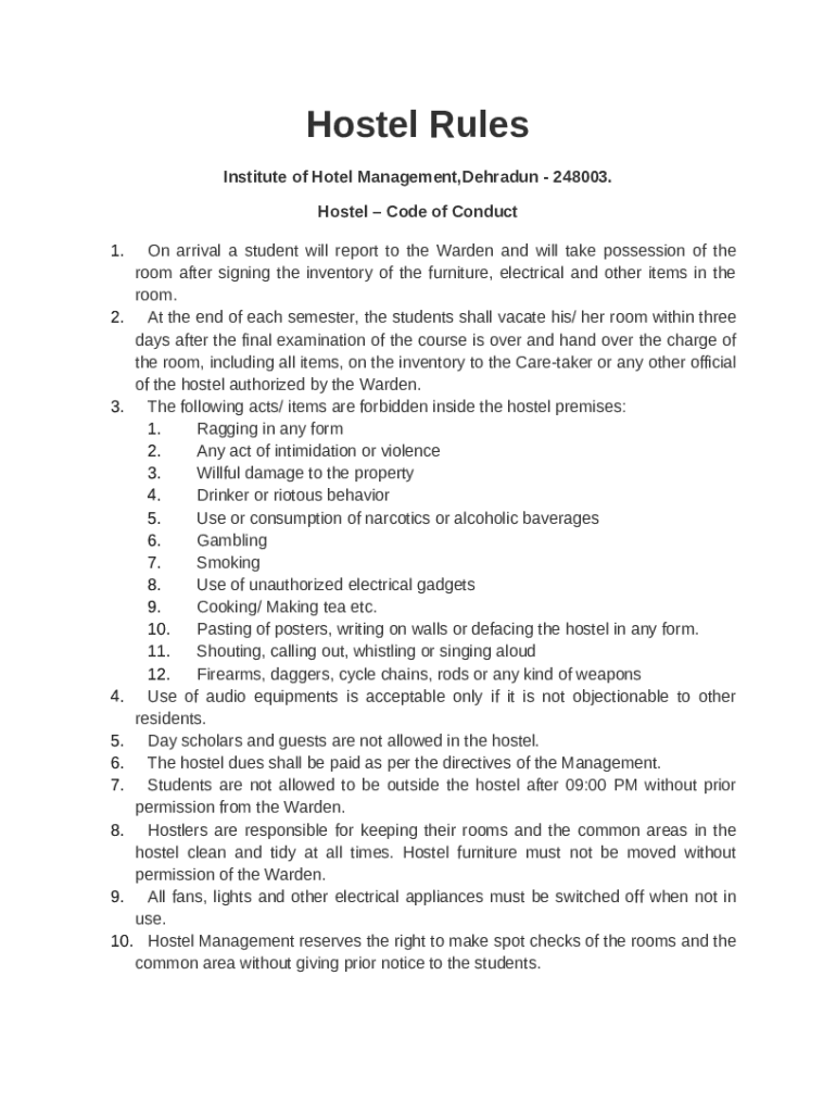 Hostel Rules - IHM, Dehradun Doc Template | pdfFiller