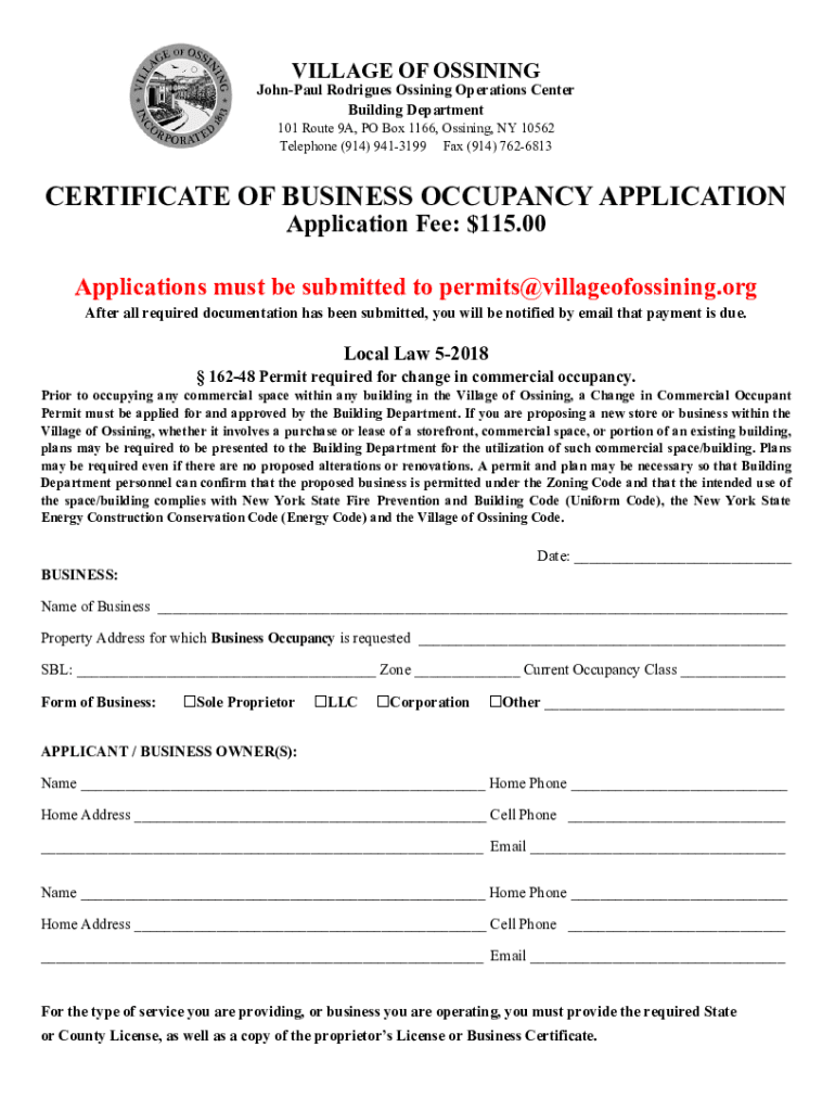 Fillable Online Certificate of Business Occupancy Application Fax Email ...