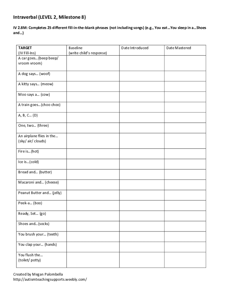 Fillable Online Intraverbal (LEVEL 2, Milestone 8) - Autism Teaching ...