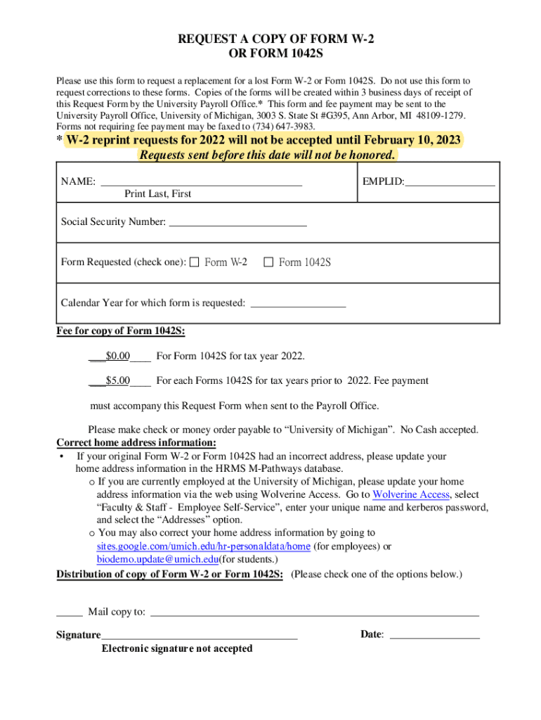 Fillable Online finance umich request copy of a form w-2 or form 1042s Fax Email Print - pdfFiller