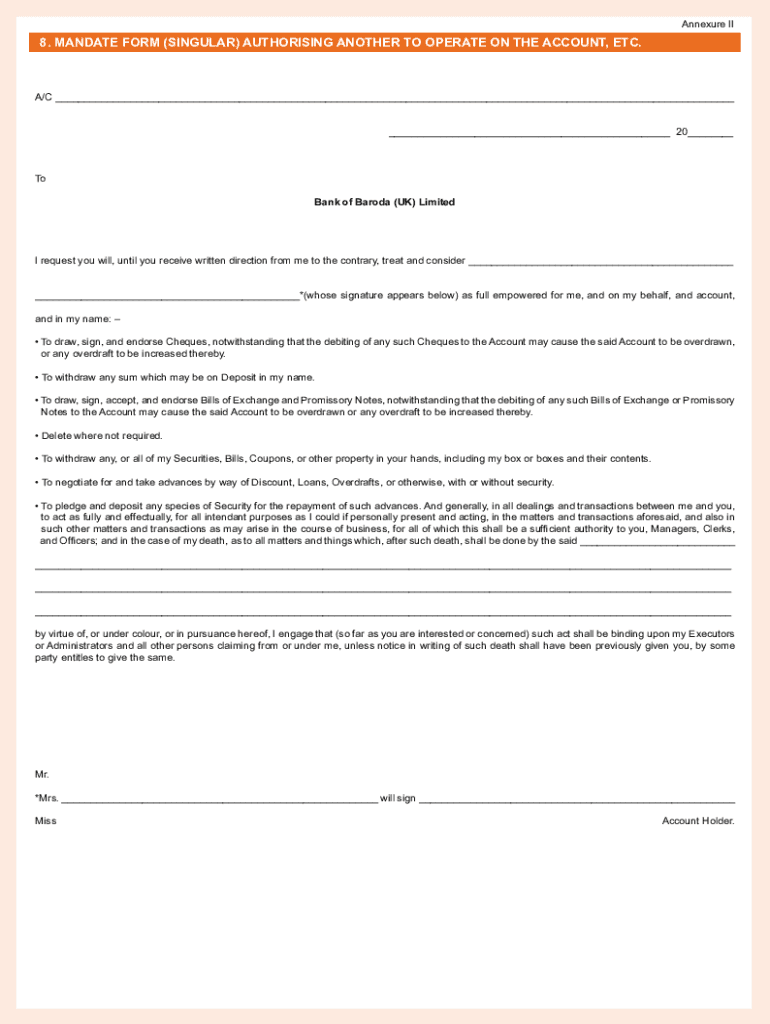 Fillable Online 8. MANDATE FORM (SINGULAR) AUTHORISING ANOTHER ... Fax ...