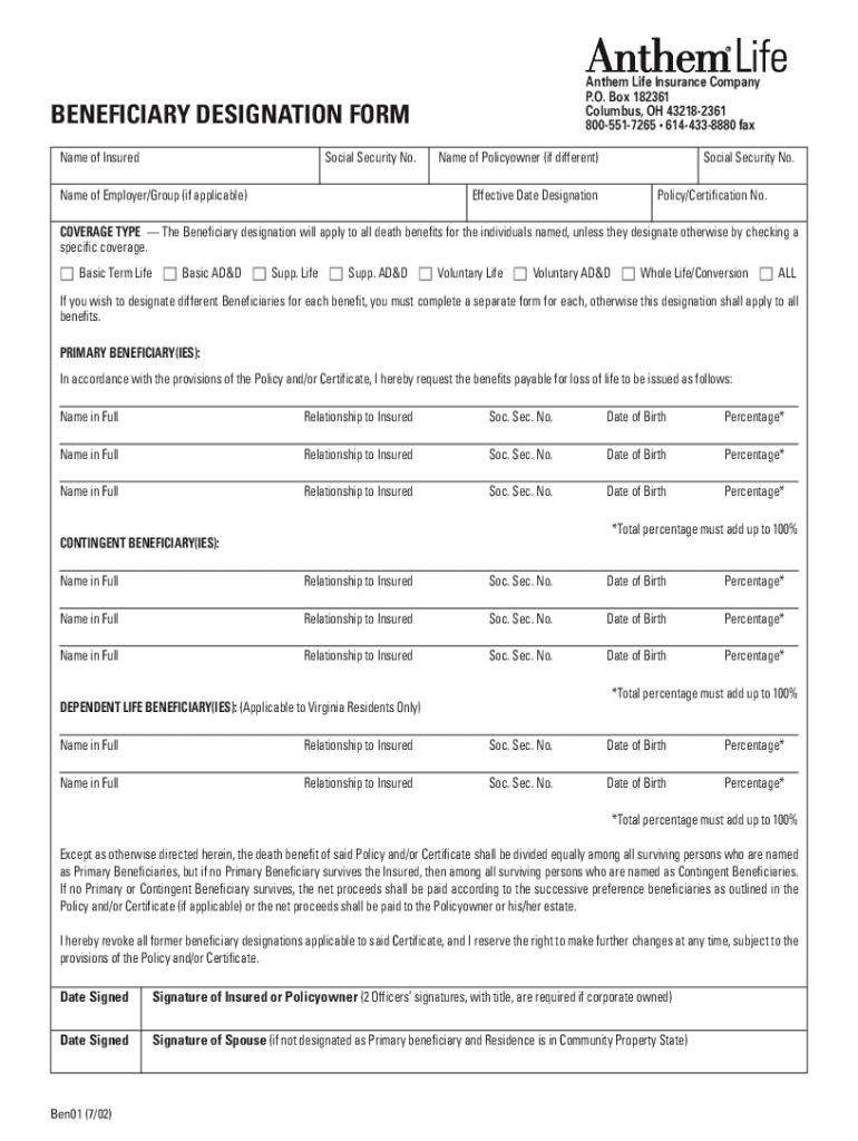 BENEFICIARY DESIGNATION FORM - Salem School District: Fill out & sign ...
