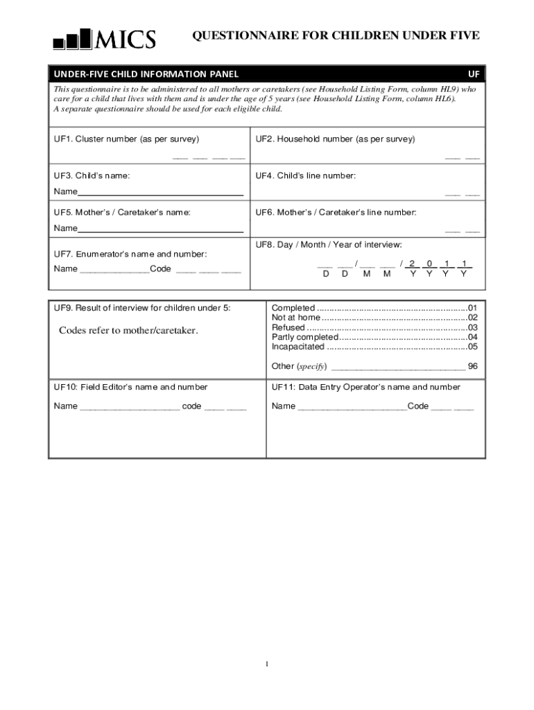 Fillable Online QUESTIONNAIRE FOR CHILDREN UNDER FIVE Fax Email Print ...