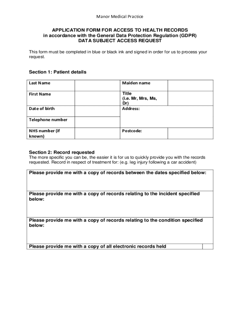 Fillable Online Manor Medical Practice APPLICATION FORM FOR ACCESS TO ... Fax Email Print ...