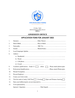 Fillable Online admission office - application form for january 2023 ...