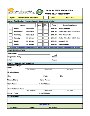 Fillable Online TEAM REGISTRATION FORM **ONE TEAM PER FORM** - Year Fax ...