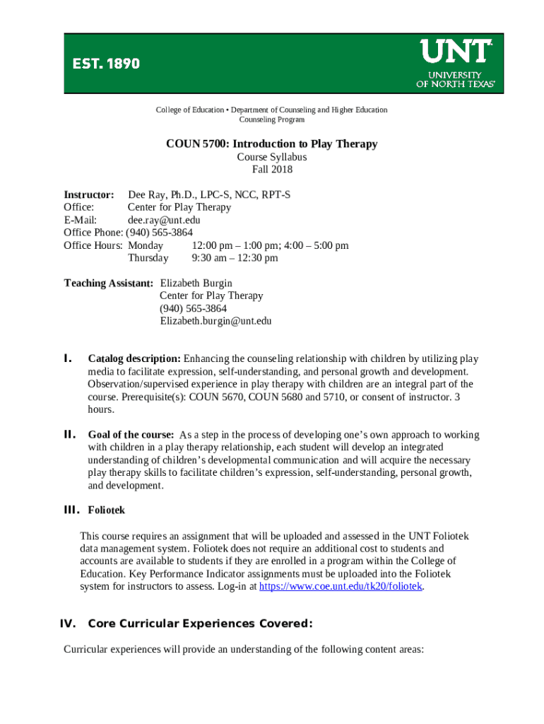 Sample Syllabus: - Introductory Graduate Play Therapy Course Doc Template | pdfFiller