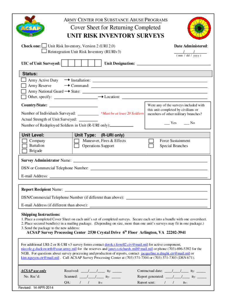 Fillable Online Cover Sheet for Returning Completed UNIT RISK ...
