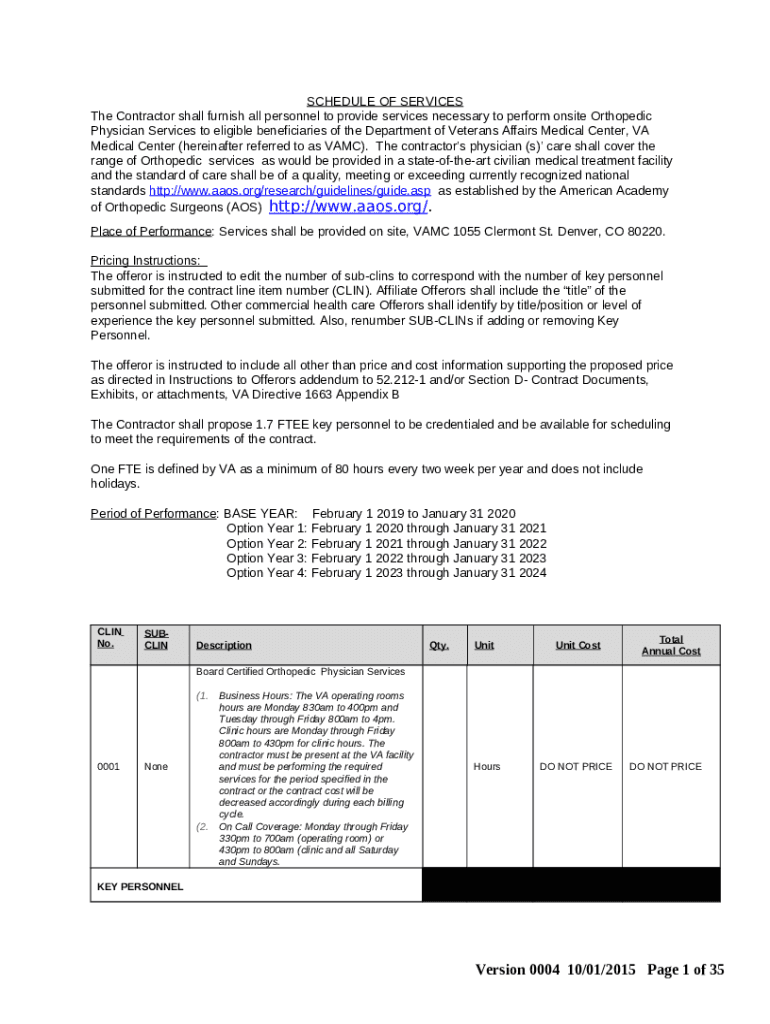 schedule of services - VA Vendor Portal - Veterans Affairs Doc Template | pdfFiller