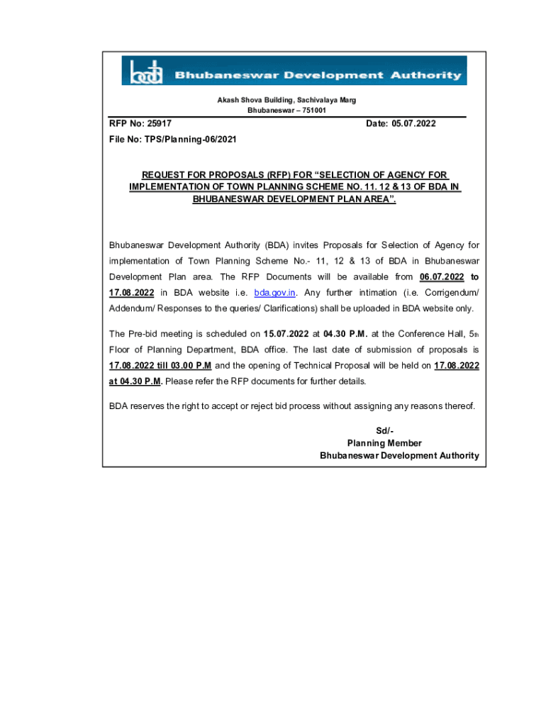 Fillable Online Tenders /RFP - :: Bhubaneswar Development Authority Fax ...