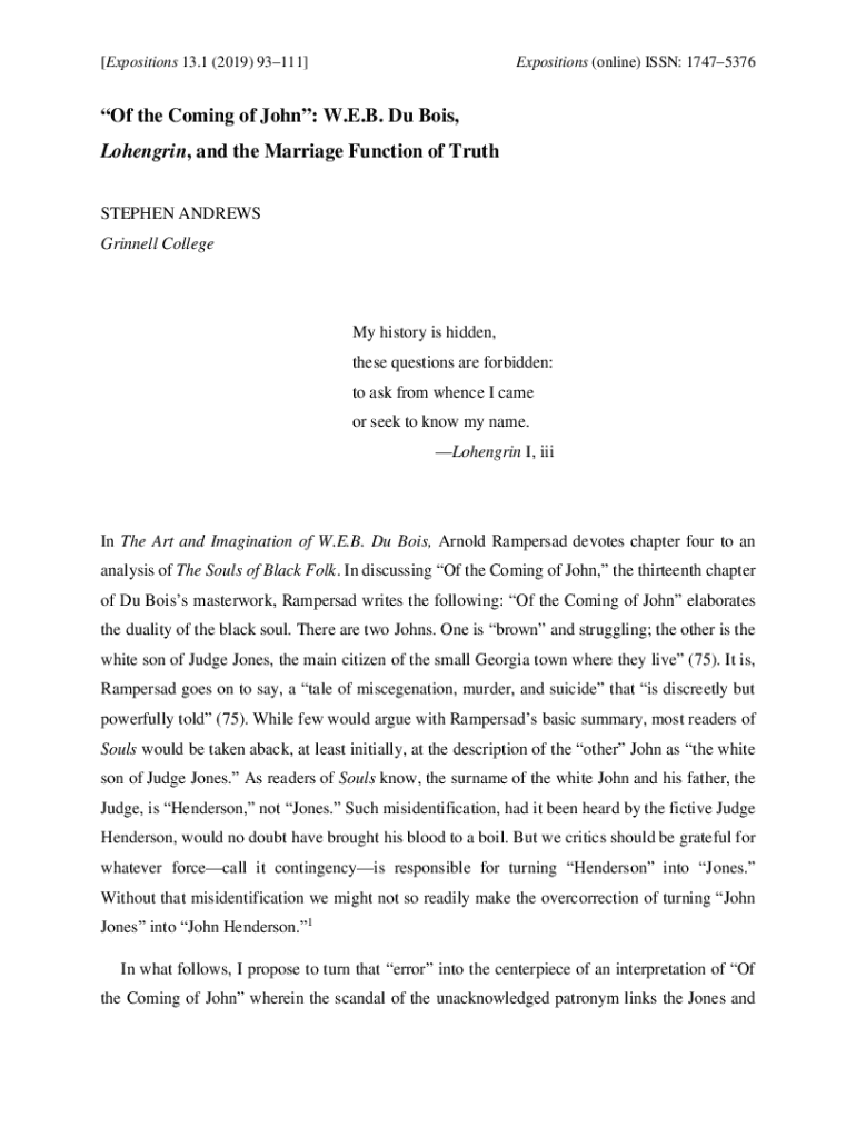 Fillable Online expositions journals villanova 17475376 - Of the Coming of John: WEB Du Bois ...