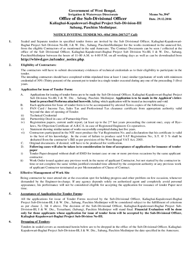 Fillable Online wbiwd gov Kaliaghai-Kapaleswari-Baghai Project Sub ...