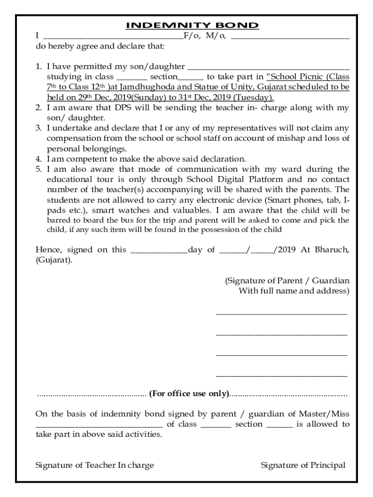 Fillable Online INDEMNITY BOND I /o, M/o, do hereby agree and declare ...