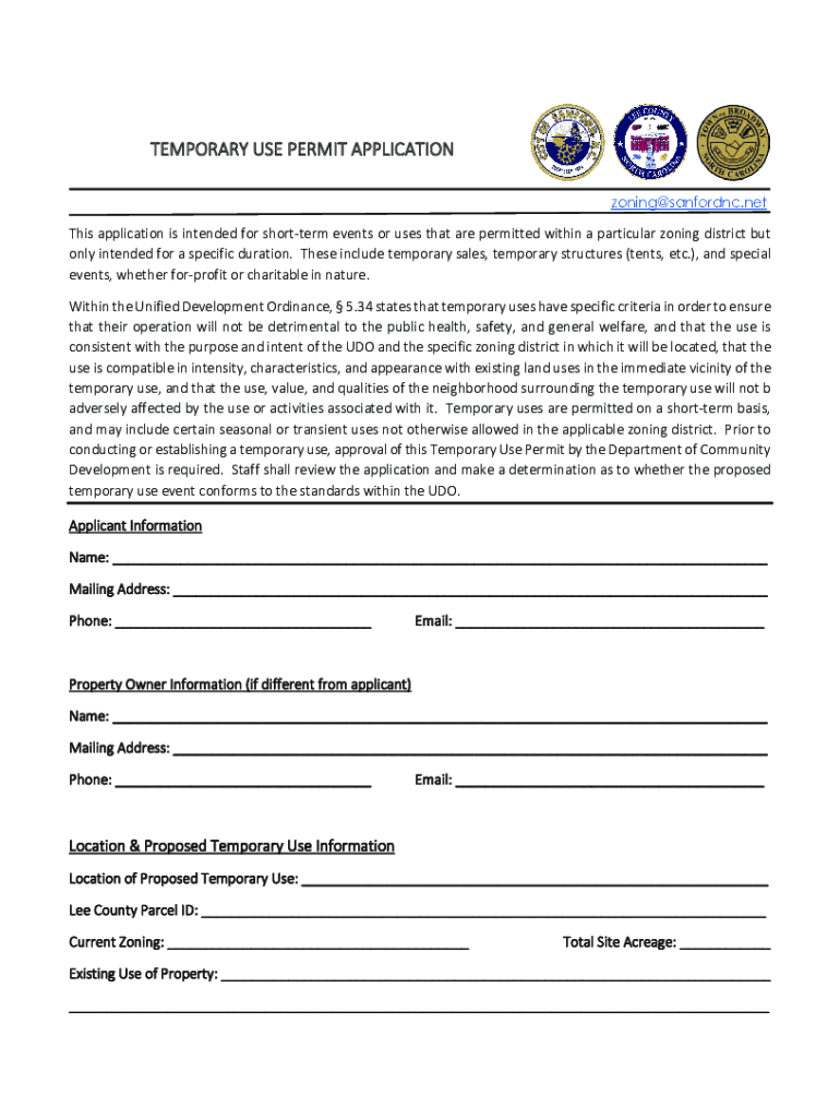 Fillable Online Temporary Use Permit Application - Sanford, Lee County ...
