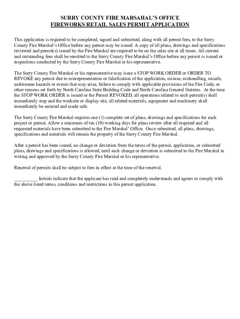 Fillable Online surry county fire marsahal's office fireworks retail sales permit ... Fax Email ...