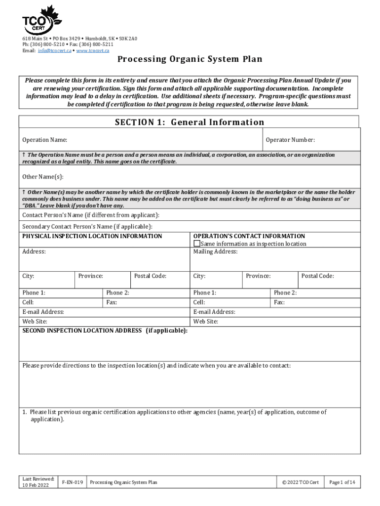 Fillable Online Processing Organic System Plan SECTION 1 - TCO Cert Fax ...