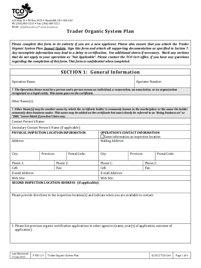Fillable Online Trader Organic System Plan SECTION 1 - TCO Cert Fax ...