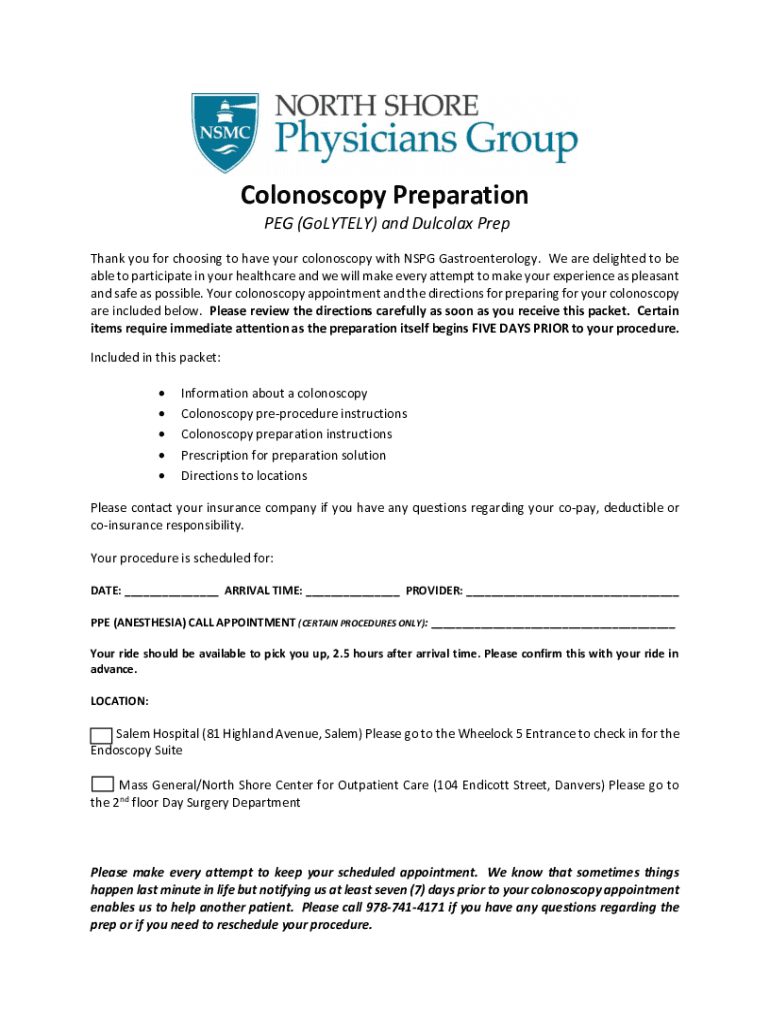 Fillable Online Endoscopy Exam Preparation - North Shore Physicians ...