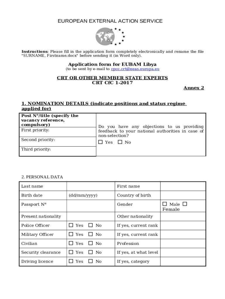 Application for (EUBAM Rafah) (to be sent by to Doc Template | pdfFiller