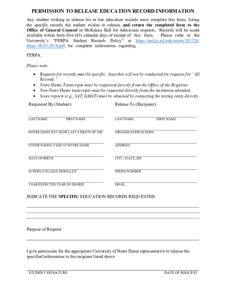 Fillable Online generalcounsel nd FERPA for Students - Office of the University Registrar Fax ...