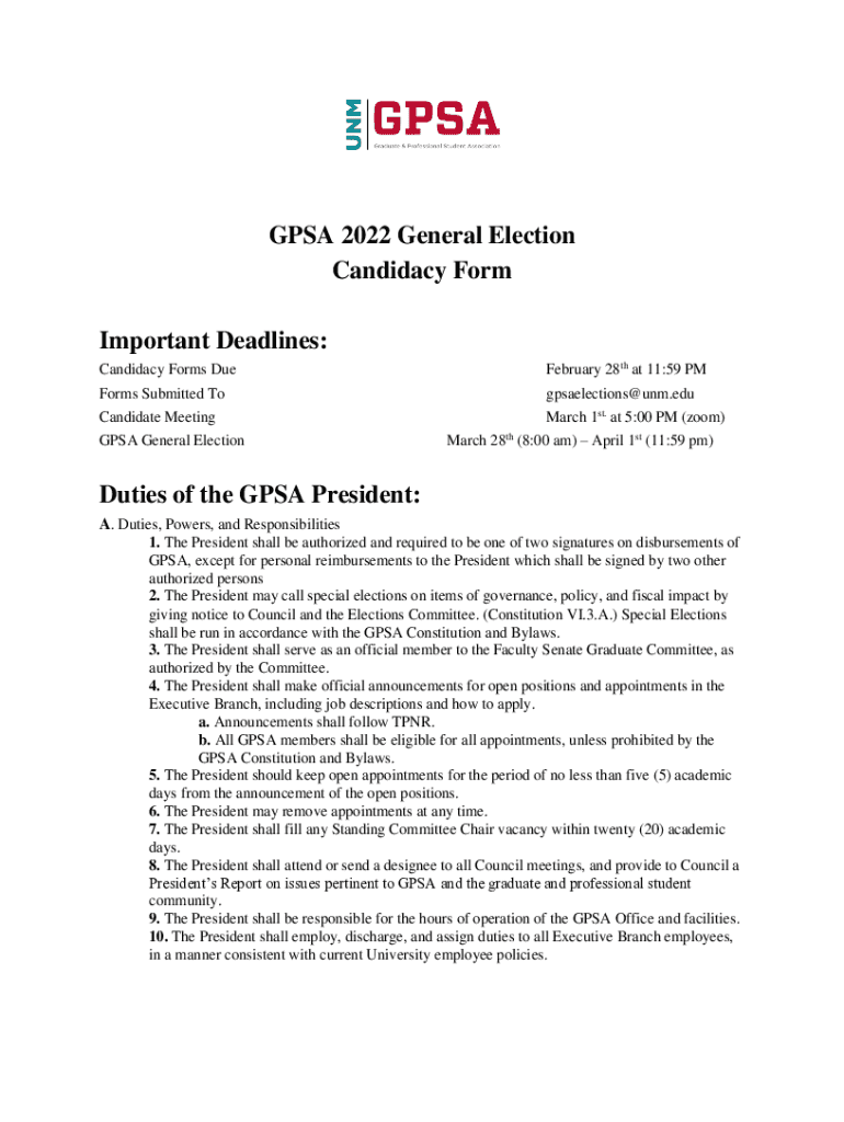 Fillable Online gpsa unm GPSA 2022 General Election Candidacy Form ...