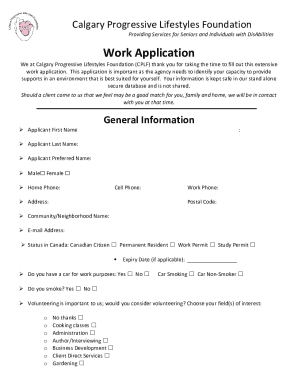 Fillable Online Work Application - Calgary Progressive Lifestyles ...