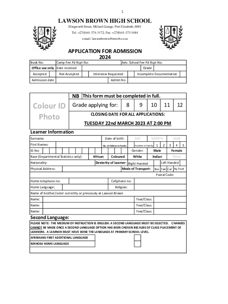 Fillable Online Download Admissions Form - Lawson Brown High School Fax ...