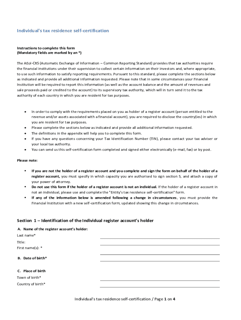 Fillable Online INSTRUCTIONS Individual Tax Residency Self-Certification ... Fax Email Print ...