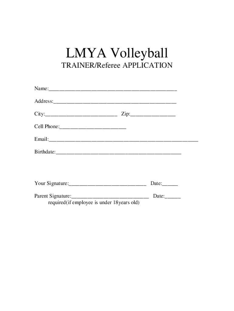 Fillable Online LMYA Volleyball - TRAINER/Referee APPLICATION Fax Email ...