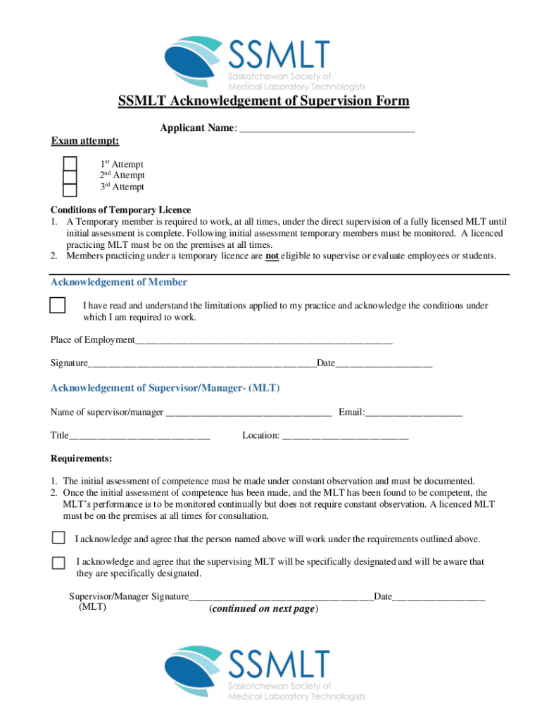Fillable Online SSMLT Acknowledgement of Supervision Form Fax Email ...