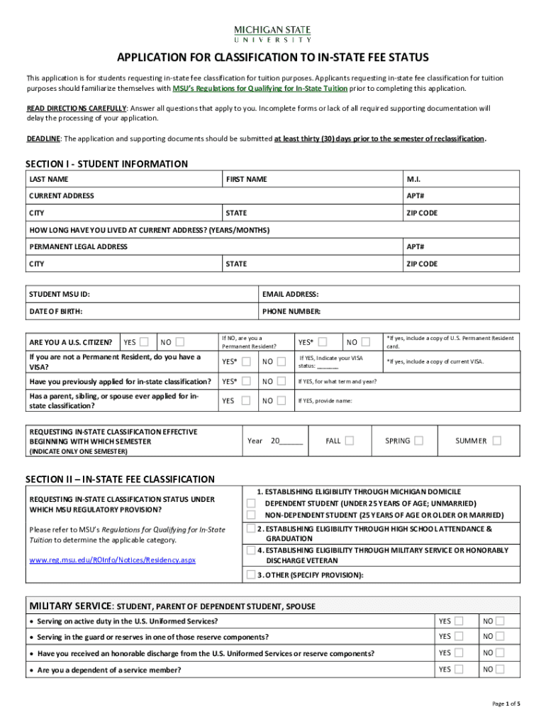 Fillable Online Application for Classification to In-State Fee Status Fax Email Print - pdfFiller