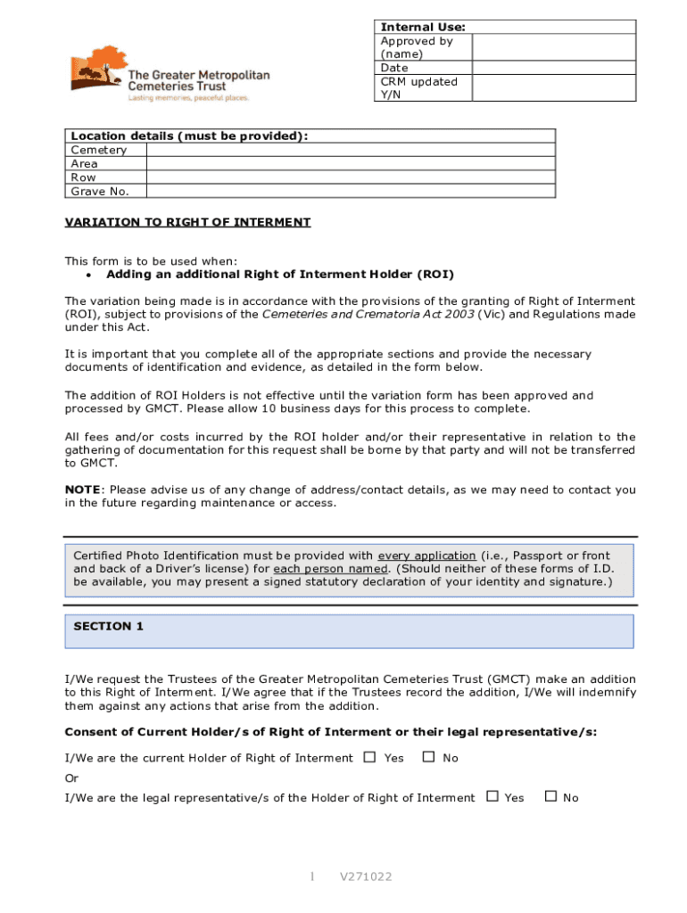 Fillable Online Adding an additional ROI (APPLICATION TO TRANSFER RIGHT OF INTERMENT) Fax Email ...