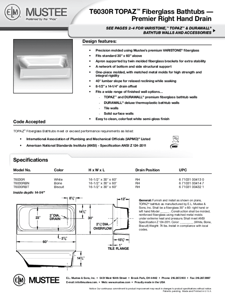 Fillable Online Mustee Topaz 30-in W x 60-in L White Solid Surface ...