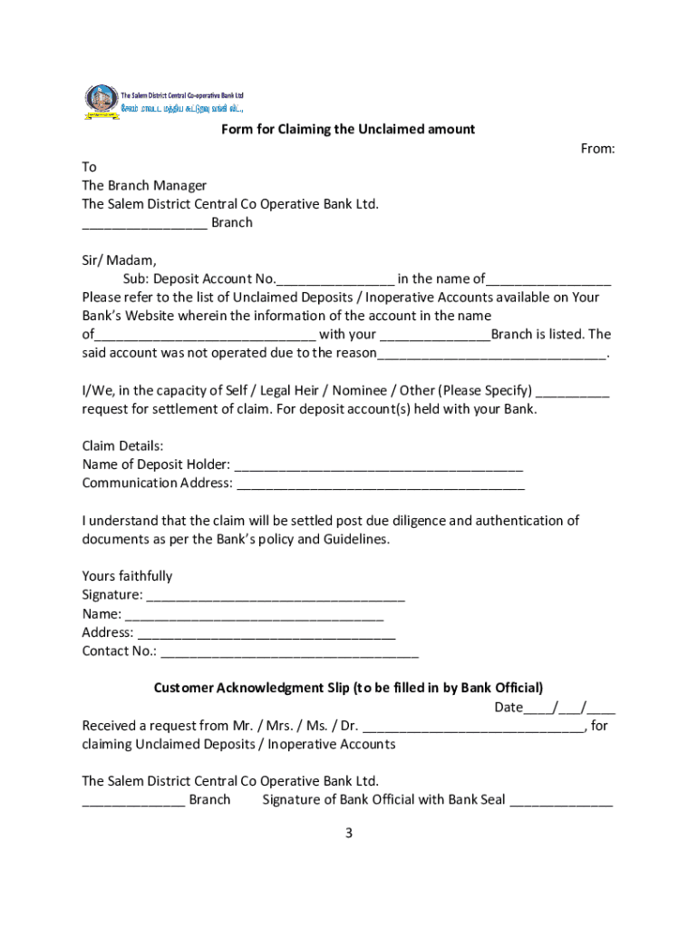Fillable Online Form for Claiming the Unclaimed amount From Fax Email ...