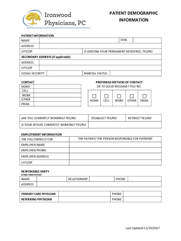 Fillable Online Patient Demographics Form - Downtown Dental, LLC Fax ...