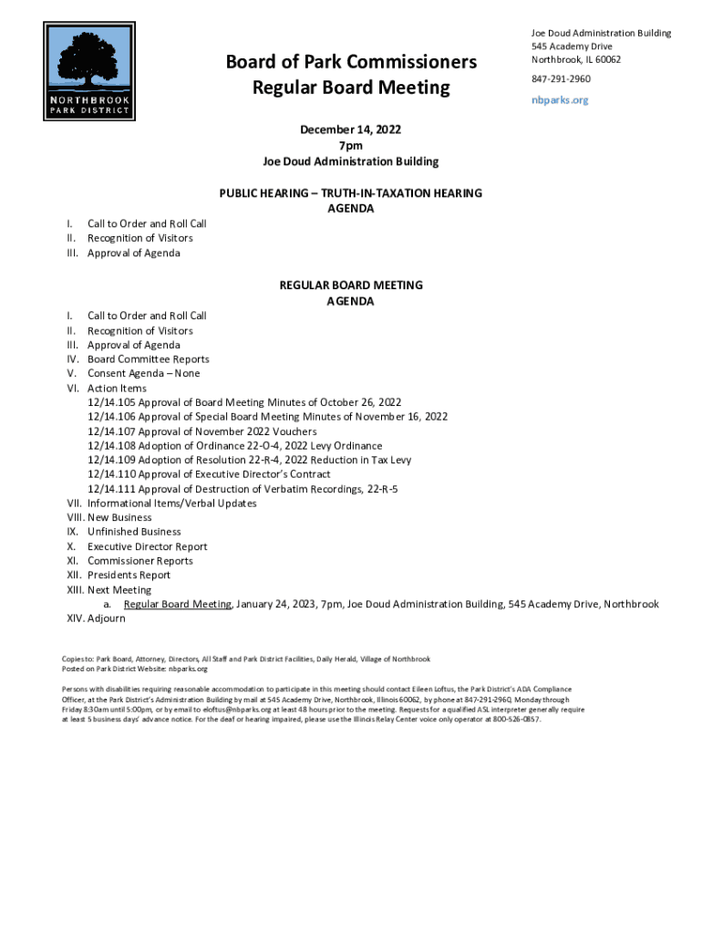 Fillable Online Northbrook Park District - Joe Doud Administration ...