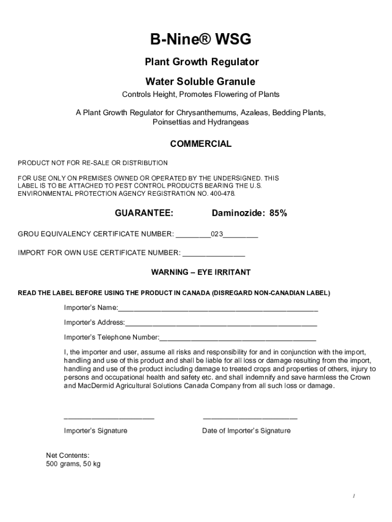 Fillable Online B-Nine WSG Plant Growth Regulator - 1 Lb. - Seed Ranch ...