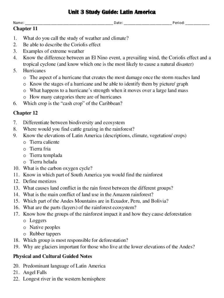Fillable Online Unit 3 Study Guide: Latin America Fax Email Print ...