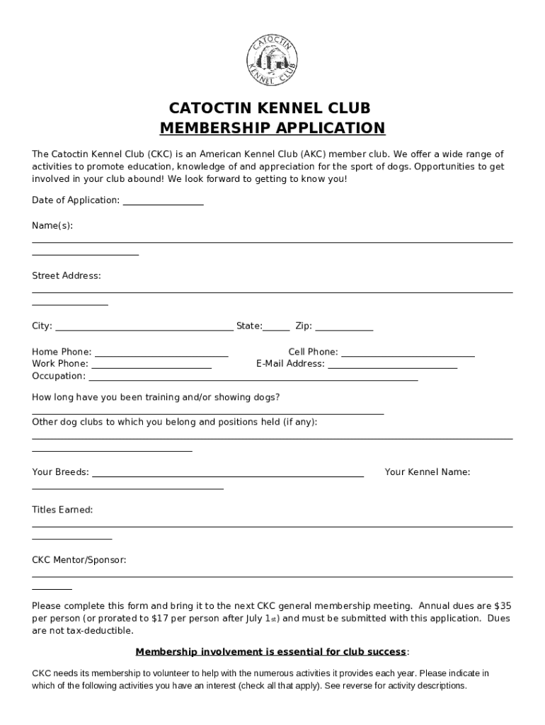 CKC Membership Application - doc - Catoctin Kennel Club Doc Template ...
