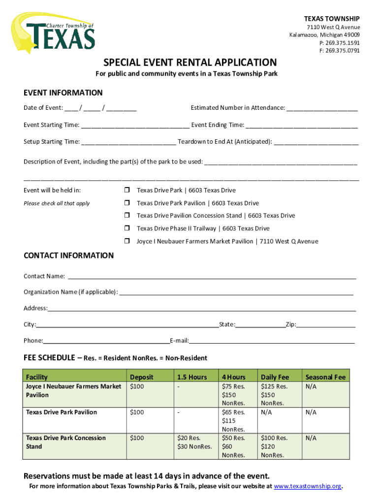 Fillable Online SPECIAL EVENT RENTAL APPLICATION - Texas Township Fax ...