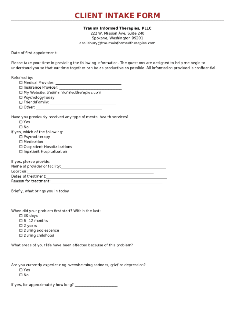 Fillable Online CLIENT INTAKE FORM - Spokane Fax Email Print - pdfFiller