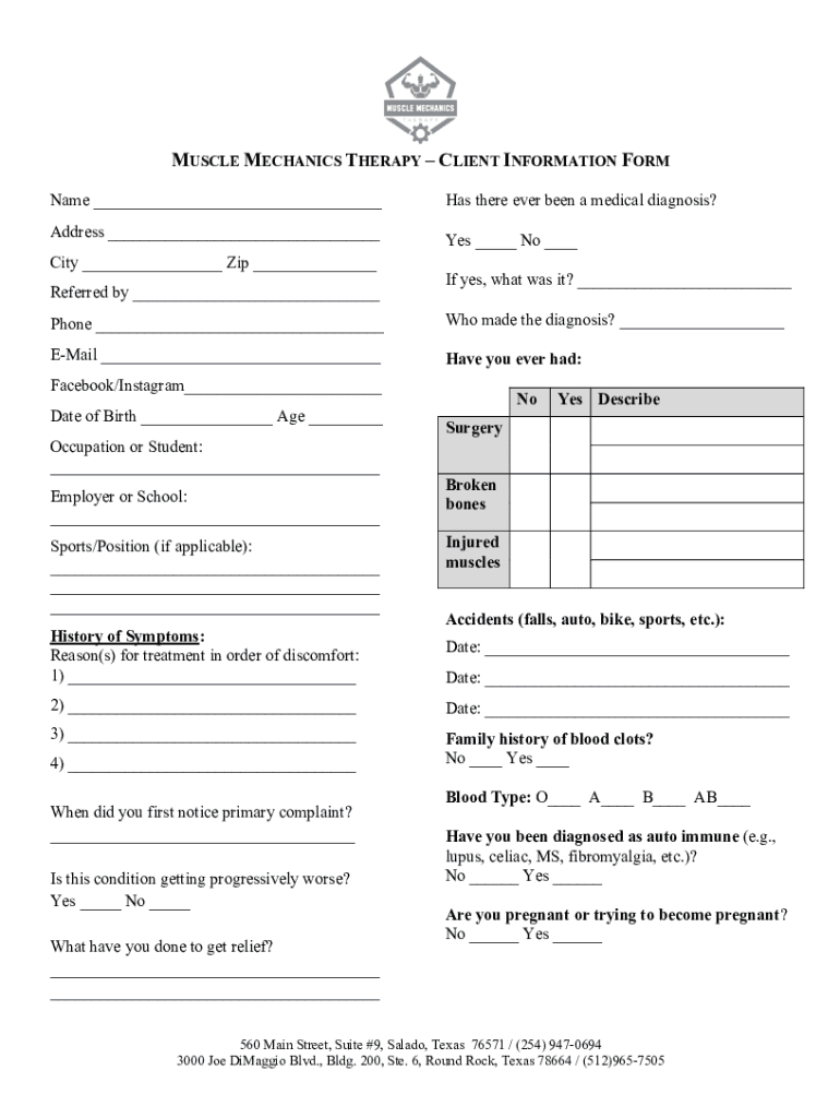 Fillable Online NEW CLIENT INTAKE FORM - Muscle Mechanics Therapy Fax ...